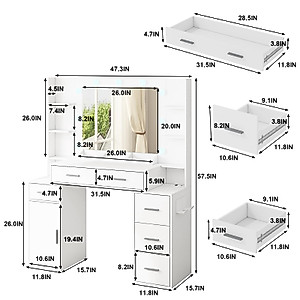 Vanity Desk with Lights and Power Strip, Makeup Vanity Table Lots Storage with 5 Drawers & 1 Cabinet, 3 Light Colors with Adjustable Brightness, Large Vanity 47.3'' (W)