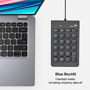 Rottay Backlit Number Pad, Wired Numeric Keypad Silent Keyboard Extensions External 10 Key USB Keypad for Laptop & PC