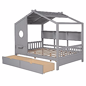 DEINPPA Full House Bed for Kids, Wooden Kids Bed with Storage Drawers and Bookshelf, Built in Window Box Design, Cute Bed for Kids Toddler Boys Girls-Grey
