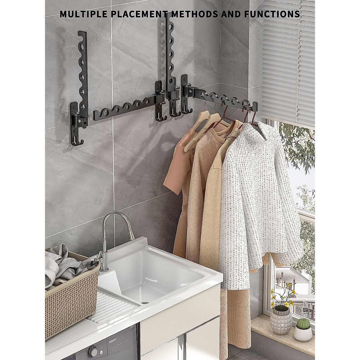 Dr.DJ Wall Hanger for Clothes, Coat Hanger Wall Mounted Matte Black Retractable Clothes Drying Organizer Rack Garment Hooks Aluminium Folding Indoor Wall Hanger Space Saver (2 Racks) Black