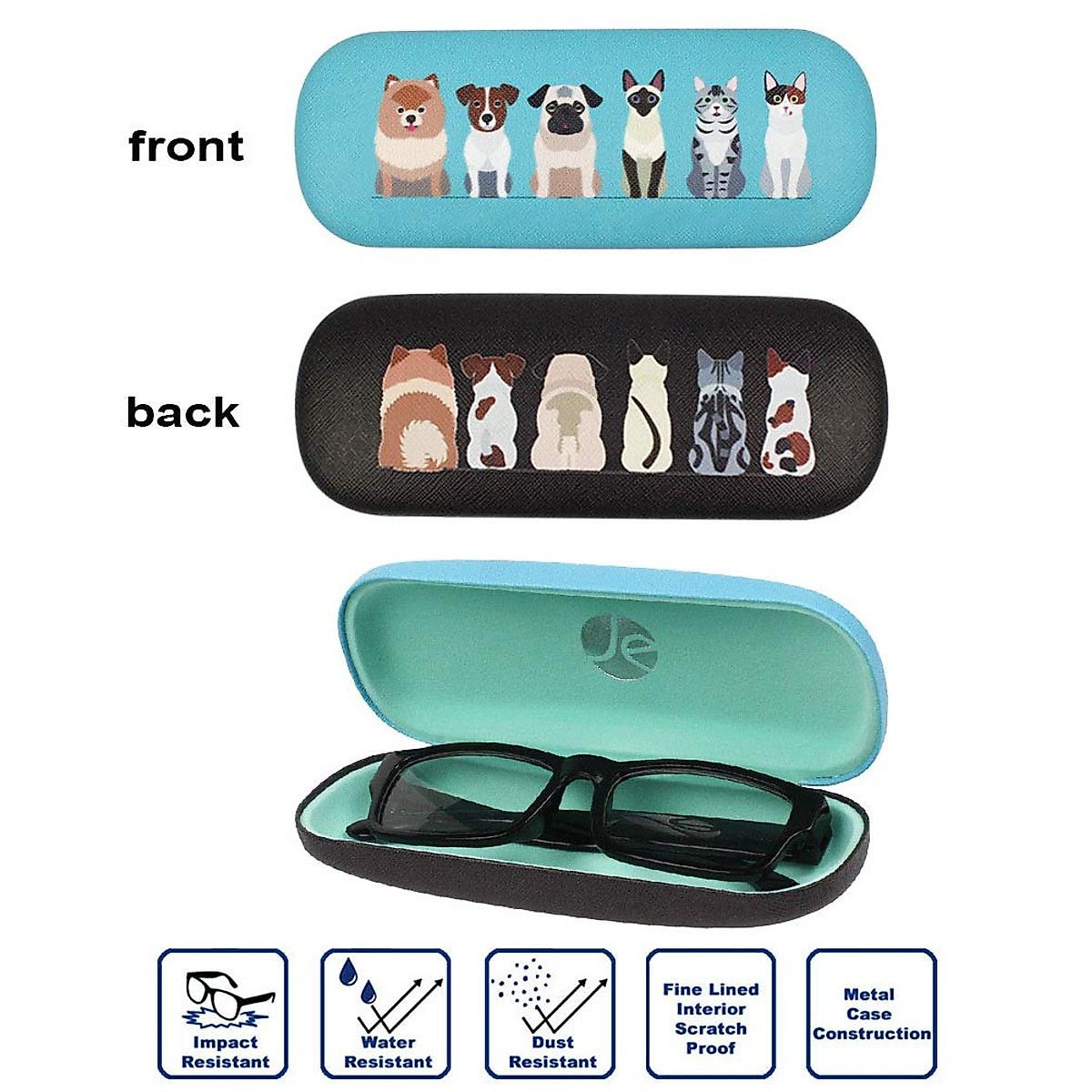 JAVOedge [4 PACK], Printed Front and Back Dogs Pattern Durable Hard Clamshell Eyeglass Storage Case w/Microfiber Cloth