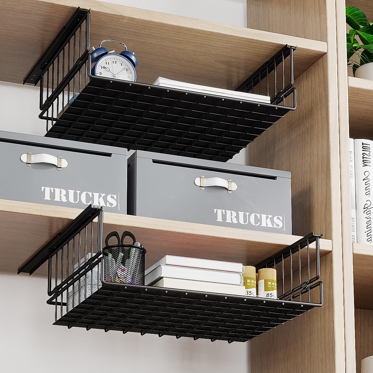 1Easylife Under Desk Storage Mesh Drawer Shelf, Self-Adhesive Pull Out Metal Tray Basket, No Drill Sliding Basket for Cable, Extension Cords, Home, Office, Workspace, Cabinet, Black