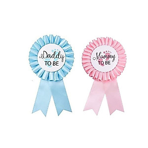 2 Pieces Daddy and Mommy to Be Tinplate Badge Pin, Gender Reveal Rosette Button Pins New Mom Gifts for Baby Shower Party Favor Decoration (Pink Blue)