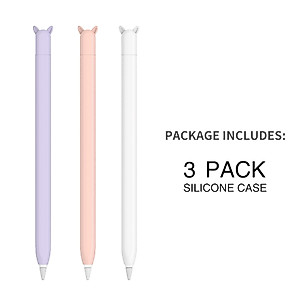 3 Pack Cute Ear Case Silicone Skin Cover for Apple Pencil 2nd Generation Accessories Compatible with iPad Pro 11 12.9 inch(White, Pink,Purple)