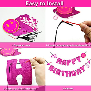 Hot Pink Happy Birthday Banner Preppy Happy Face Leopard Party Favors for Kids Teens Girls Birthday Bachelorette Early 2000s Theme Party Y2K Party Hippie Party Decorations