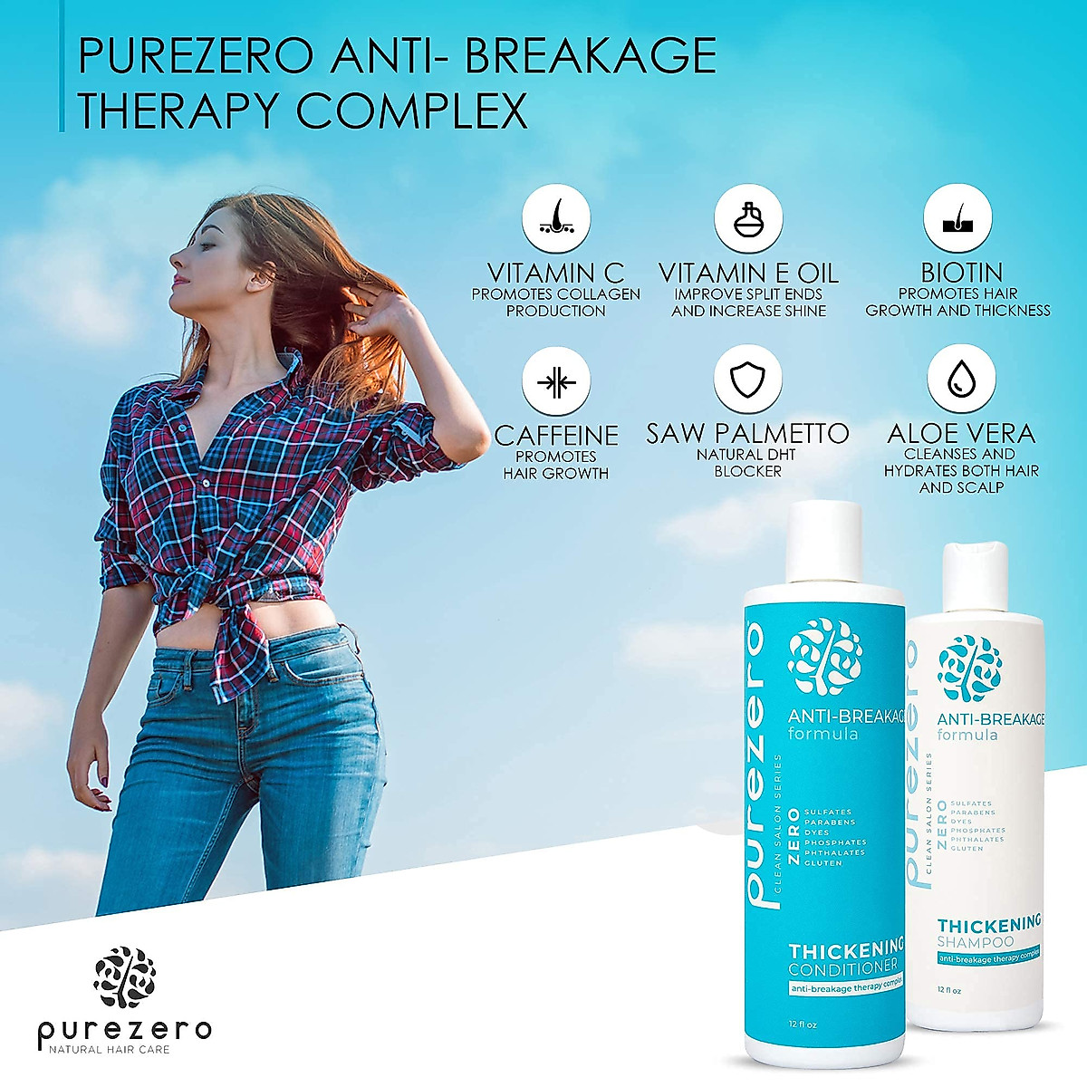 Purezero Anti-Breakage & Thickening Shampoo Conditioner set, For Hair Loss & Hair Thinning, With Biotin, Vitamin C, Caffeine and Saw Palmetto, 100% Vegan & Cruelty Free, Color Safe, 24 ounces