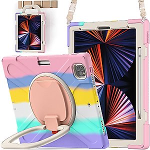 BATYUE iPad Pro 12.9 2021 Case,[Rugged] [Heavy Duty] iPad Pro 12.9 5th Generation Case with 360° Swivel Stand/Handle Grip/Shoulder Strap/Wireless Apple Pencil Charging Pencil Holder - Colourful Pink