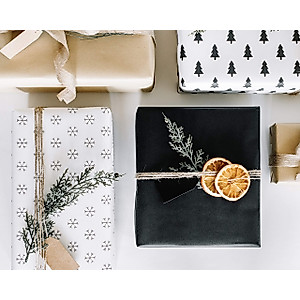 Holiday Kraft Wrapping Paper Set (4 Rolls, 120 sq. ft. Total) Black, White, Brown, Christmas Trees, Snowflakes with Cutting Grid Lines on Back