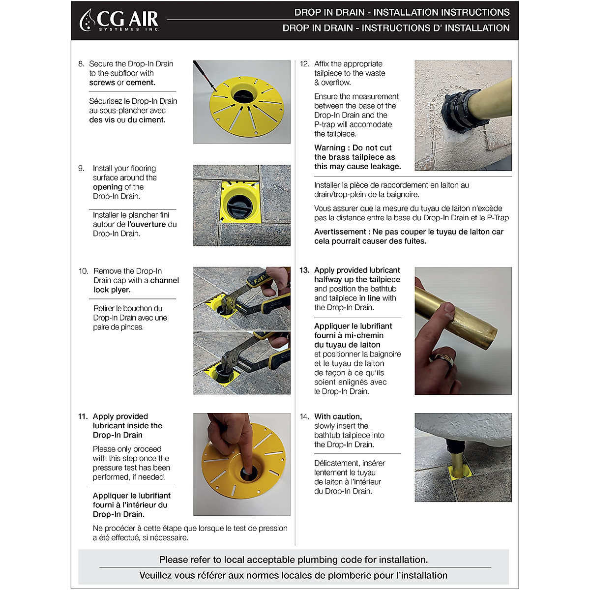 DROP-IN DRAIN Installation Kit for Freestanding Bathtub - with White PVC Pipe and brass pipes