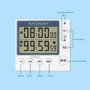 Runleader Kitchen Timer, Bakery Timer, Digital Display Cooking Timer Count Down/Count Up Timer with Magnetic Back,Independent Button,Aloud Alarm,for Cooking Learning Sport Office(Battery Included)