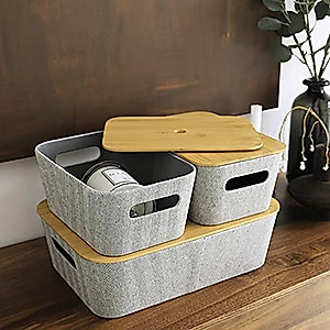 LA JOLIE MUSE Mid-Century Modern Storage Basket Set of 3 Lidded & Modern Magazine Basket with Bamboo Handles