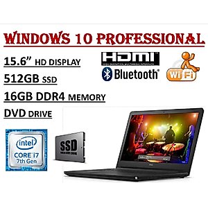 Dell Inspiron 15 5000 Series 5566, 15.6" HD Business Laptop ( 2018 Edition ) - Intel Core i7-7500U Processor - 16GB DDR4 RAM - 512GB SSD - DVDRW - WiFi+Bluetooth - Windows 10 Professional