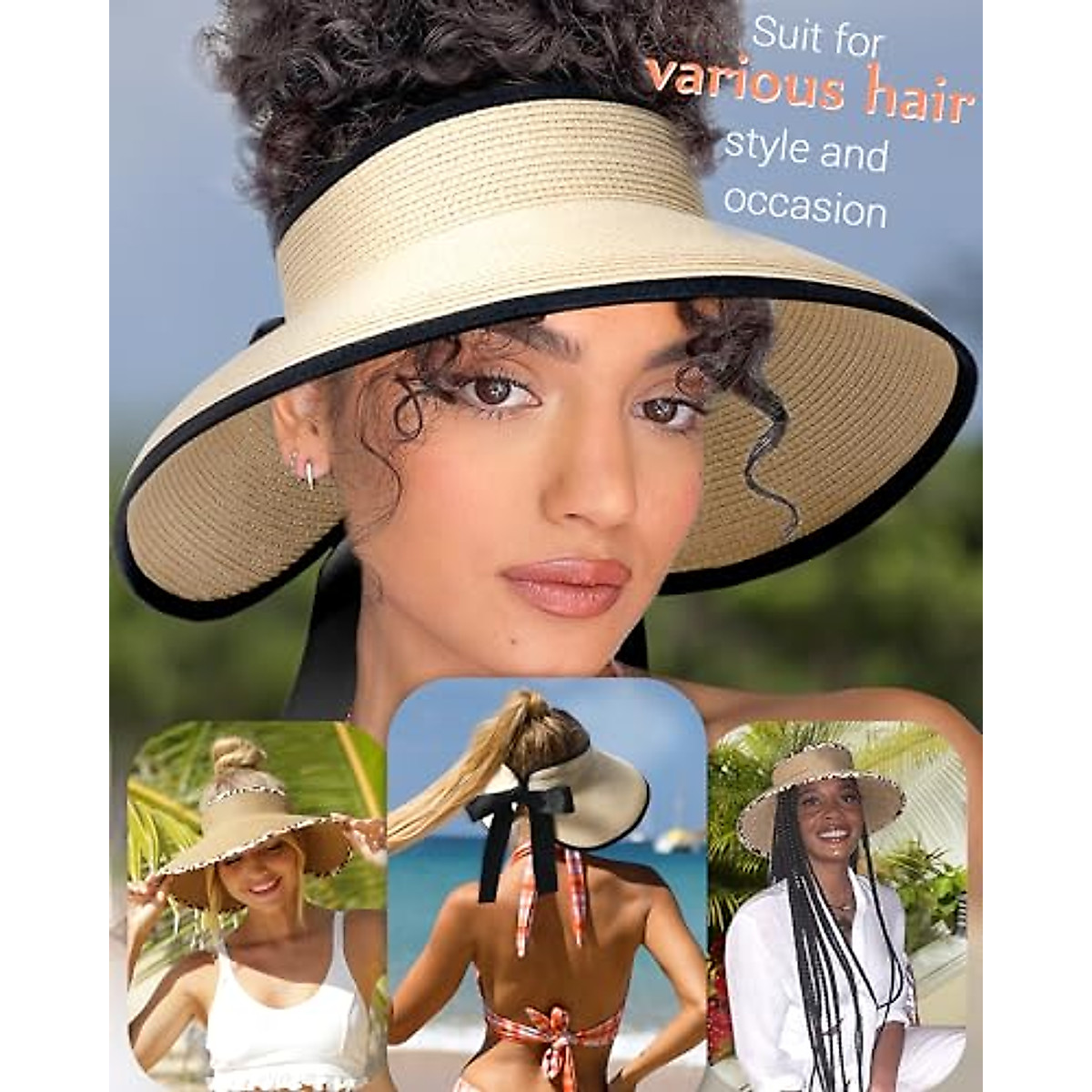 Camptrace Sun Visors for Women Wide Brim Beach Hat UPF 50+ Foldable Straw Visor Hat Ponytail Summer Packable Beige