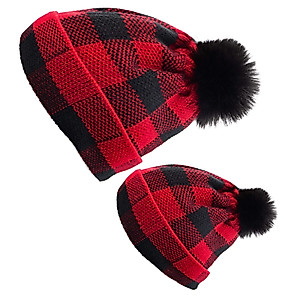 2 Pcs Parent-Child Hats with Pom Pom - Knitted Mom and Baby Matching Outfits Winter Warm Beanie Hats Soft Crochet Caps for Women Kids Christmas Red