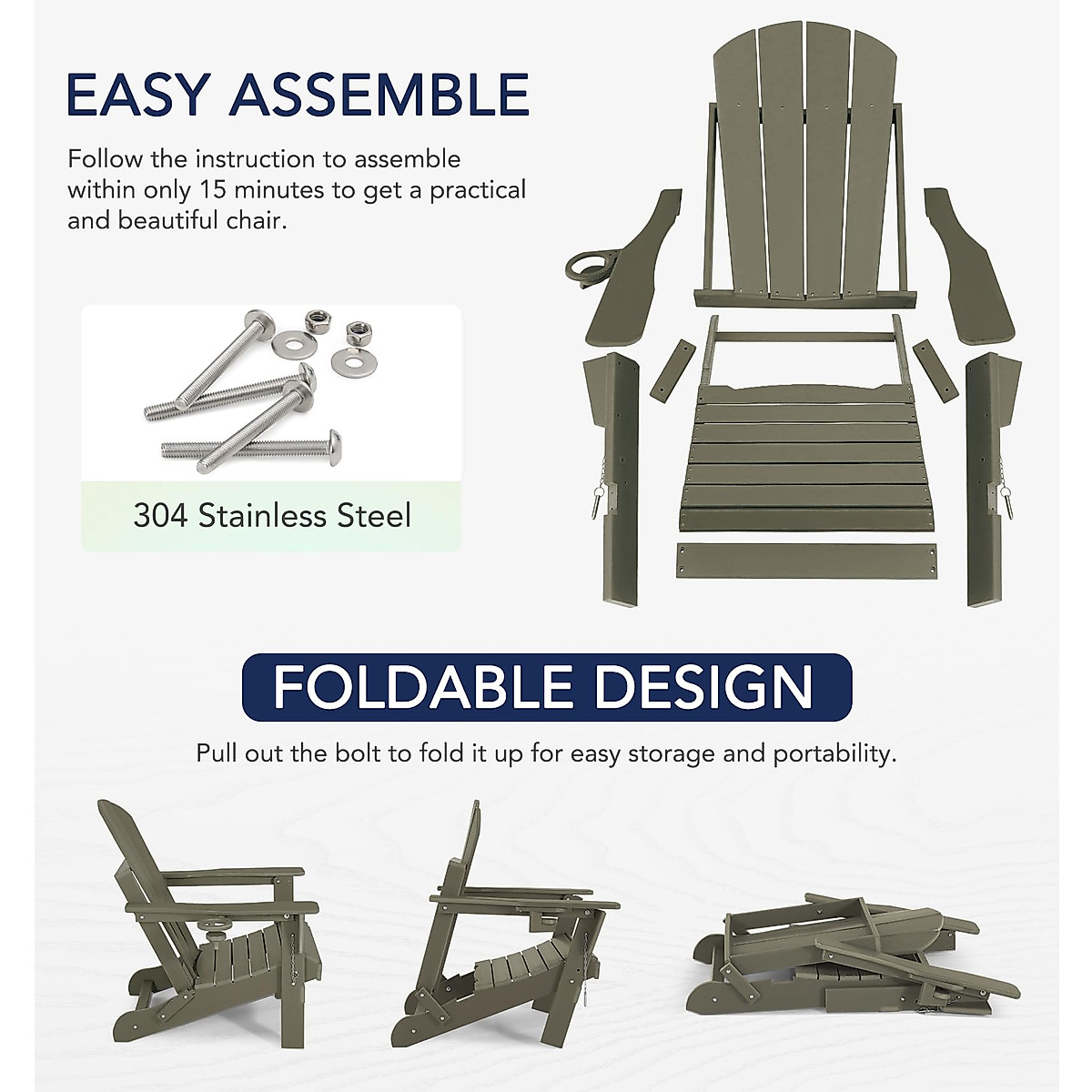 ABCPATIO Folding Plastic Adirondack Chair - Outdoor Weather Resistant Adirondack Chairs with Cup Holder, Stackable Seating for Patio, Porch, Deck, Pool, Garden, Backyard (Seat Width 21.6", Dark Brown)