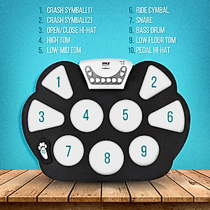 Pyle Compact & Ultra-Thin Portable Machine w/ 9 Electronic Pads, Foot Pedals, Drumsticks, & Power Supply Tabletop Roll Loaded W/Drum Electric Kits & Songs, Headphone Jack