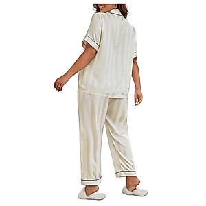 OYOANGLE Women's Plus Size Satin Pajama Set Silky Short Sleeve Button Down Tops and Pants Sleepwear Loungewear White 3XL
