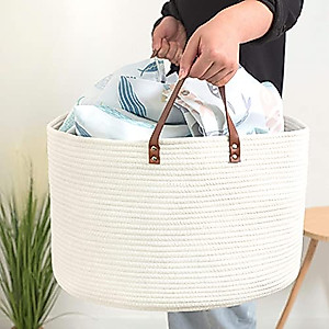 MINTWOOD Design Extra Large 20 x 13 Inches Decorative Cotton Rope Basket, Blanket Basket Living Room, Woven Laundry Basket, Storage Baskets Bin, Round Pillow Towel Basket with Long Handles, White