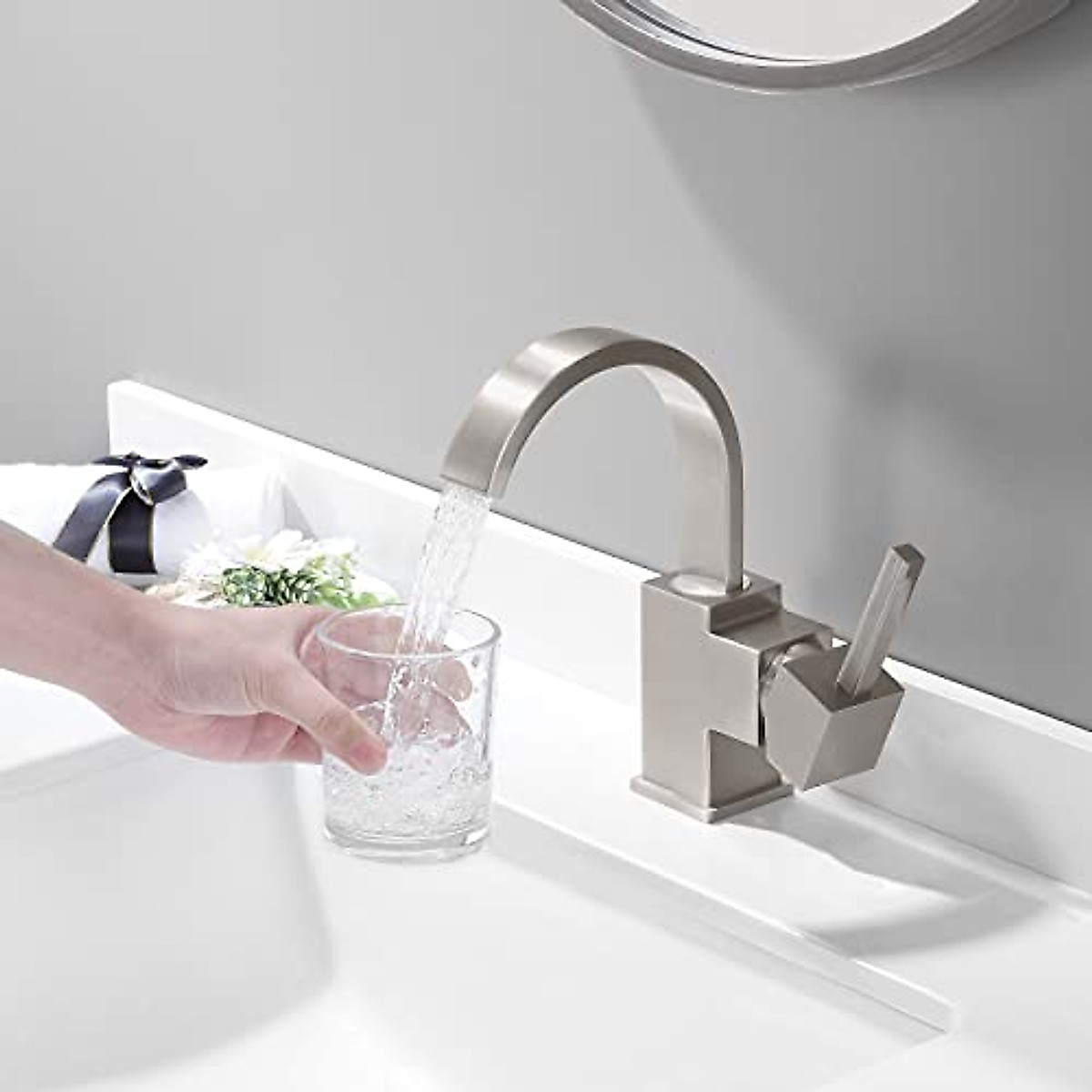 Brushed Nickel Single Hole Bathroom Faucet, Waterfall Single Handle RV Bathroom Faucet Fit for 1 or 3 Hole, with Deck Plate, Swivel 360 Degree Spout, Pop Up Drain and Water Supply Line, SGF05-BN