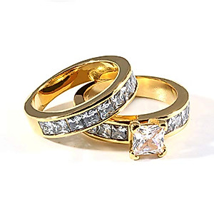 wedding ring set Two Rings His Hers Couples Rings Women's 10k Yellow Gold Filled White CZ Wedding Engagement Ring Bridal Sets & Men's Stainless Steel Wedding Band