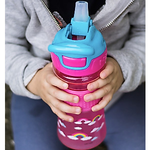 Nuby Thirsty Kids Push Button Flip-it Soft Spout on The Go Water Bottle with Easy Grip Band, Pink Rainbows, 12 Ounce