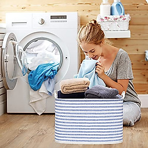 PFFVRP Storage Bins, Foldable Fabric Closet Storage Basket with Dual Handles, Strudy Storage Baskets for Shelves, Storage Boxes for Organizing, 3-Pack (Blue Stripes)