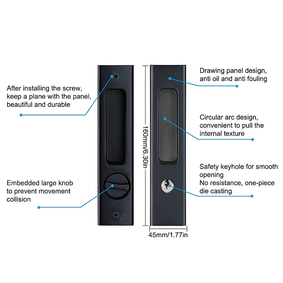 LWZH 6.3" Matte Black Privacy Pocket Door Lock Hardware, Invisible Recessed Handle Latch with Keys, Sliding Door Mortise Lock, Double Barn Door Lock Furniture Hardware