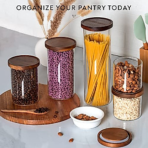 Laramaid 22oz 6Pack Glass Jars Set with Minimalist Pantry Labels, Round Pantry Jars with Brown Acacia Lids and Vinyl Customized Sticker Labels, Food Storage Containers for Home, Kitchen and Pantry