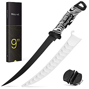 Gonex Fishing Fillet Knife, Stainless Steel Curved Boning Knife with 1 Two Stage Grindstone Knife Sharpener, Sharp Knife for Fishing Filleting, Ventilated Knife Cover Sheath with Open Slots