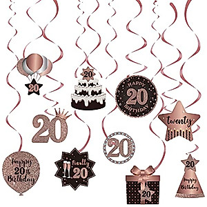 Happy 20th Birthday Party Hanging Swirls Streams Ceiling Decorations, Celebration 20 Foil Hanging Swirls with Cutouts for 20 Years Old Rose Gold Birthday Party Decorations Supplies