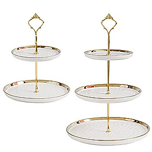 Tosnail Set of 2 Porcelain Cupcake Stand Ceramic Dessert Stand Tiered Serving Trays with Gold Rod, 3 Tiers and 2 Tiers Cake Stand Party Serving Trays Fruit Pastry Holders for Wedding and Party