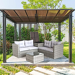 GODAFA 4-Piece Outdoor Patio Furniture Set-All-Weather PE Rattan Sectional Sofa with Storage Box-Perfect for Backyard, Porch, and Poolside, 1, Gray