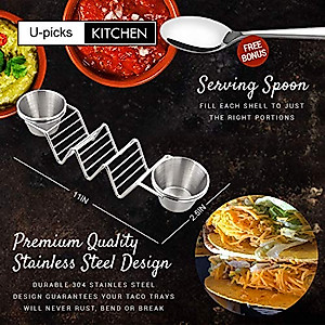 Upgrade Taco Shell Stand Up Holders- 2 Pack Premium Stainless Steel Taco Tray with 4 Salad Cups & 2 Spoons,Holds 3 Tacos Each Keeping Shells Upright & Neat