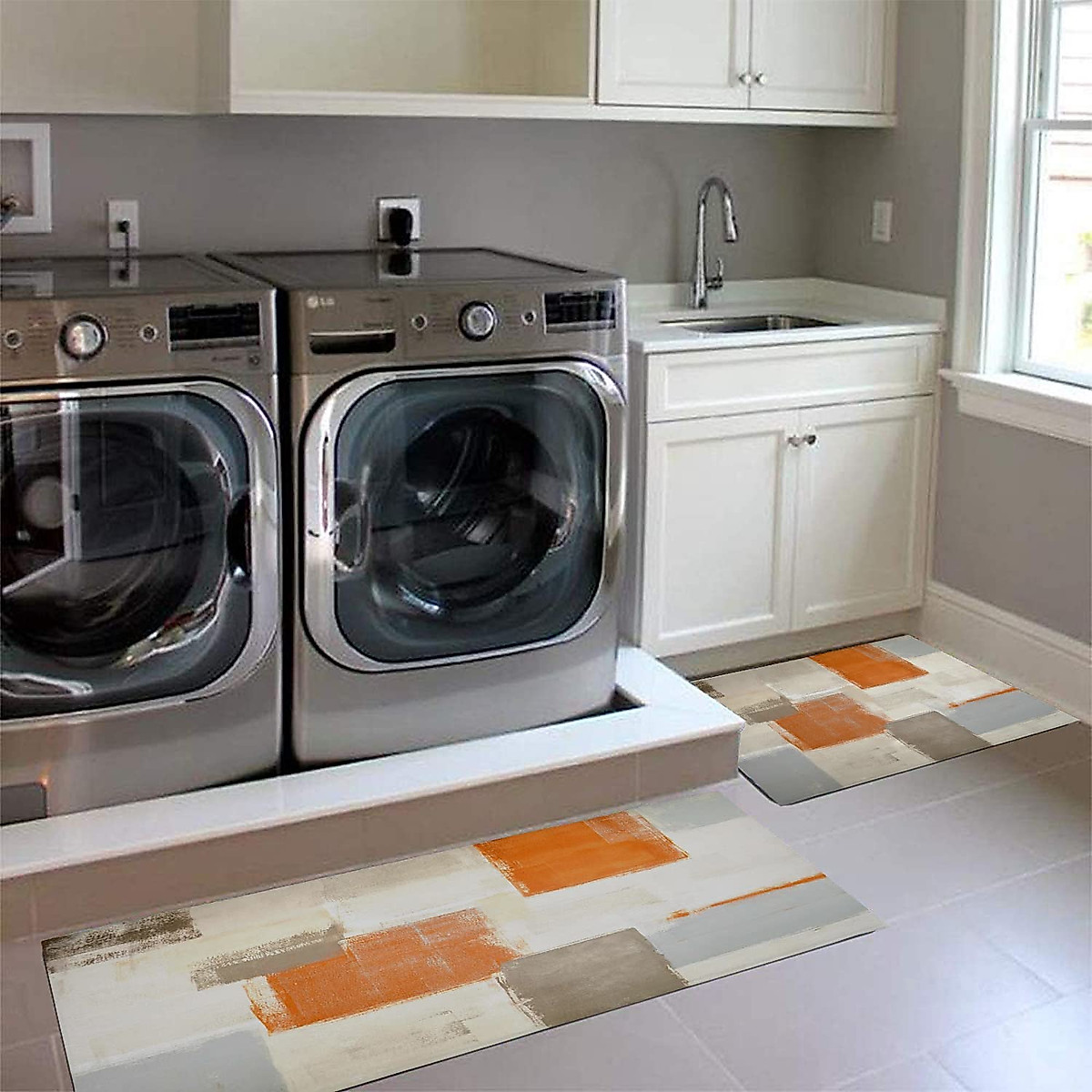 Orange Kitchen Rugs and Mats Set of 2, Orange Brown Beige Non-Skid Soft Absorbent Kitchen Mats Set for Floor, Modern Art Comfort Runner Rug Carpets for Sink, Laundry, Hallway, Dinning Room, Office