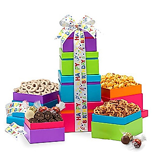 Broadway Basketeers Gourmet Chocolate Food Gift Basket Tower for Birthdays – Curated Snack Box, Sweet and Savory Treats for Parties, Best Wishes, Birthday Presents for Women, Men, Mom, Dad, Her, Him, Families