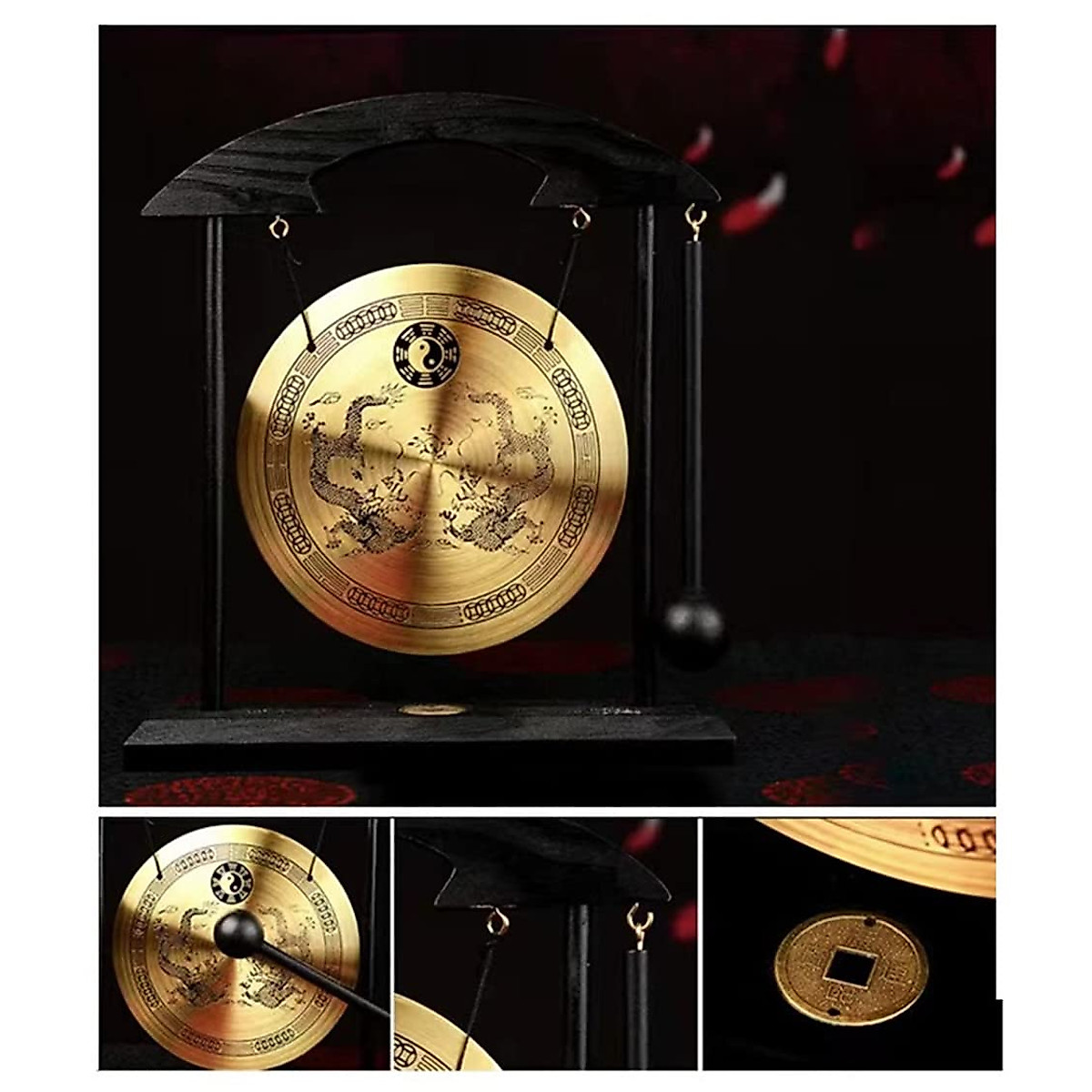 Chinese desktop gong Fengshui Mini table top gong Attached mallet Chan sect Musical Instruments Family decorations Holiday gifts Attached red rope bracele (Double Dragons)