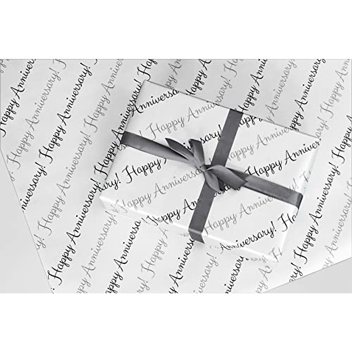Happy Anniversary Black and Gray Wrapping Paper on White - 24"x10'