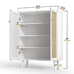 Anmytek Rattan Cabinet, 44" H Tall Sideboard Storage Cabinet with Crafted Rattan Front, Entryway Shoe Cabinet Wood 2 Door Accent Cabinet with Adjustable Shelves White, H0086