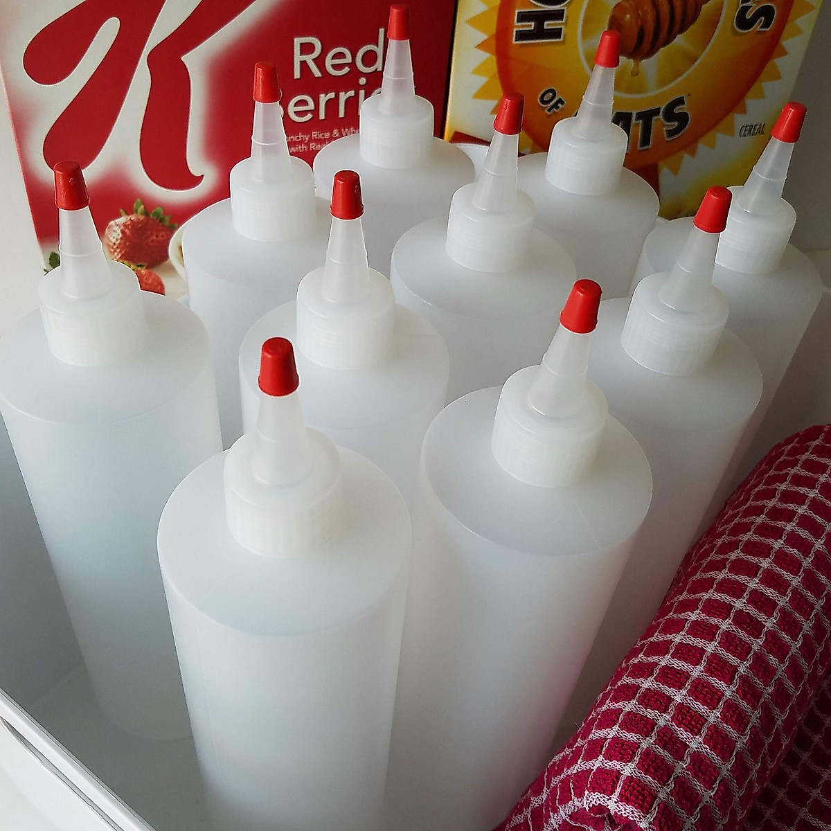 Kelkaa 16oz HDPE Durable Plastic Squeeze Bottles with Yorker Red Cap Natural Clear Bottles for Food, Crafts, Any DIY Liquid Products, Multi Purpose Refillable Bottles (Pack of 10)