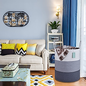 BOSROTY Large Laundry Hamper Basket for Girls Boys Kids 65L, Nursery Hamper, Tall Blanket Basket, Clothes Basket Laundry, Woven Basket, Cotton Rope Basket, Toy Basket, 16”x 20”, White & Gray