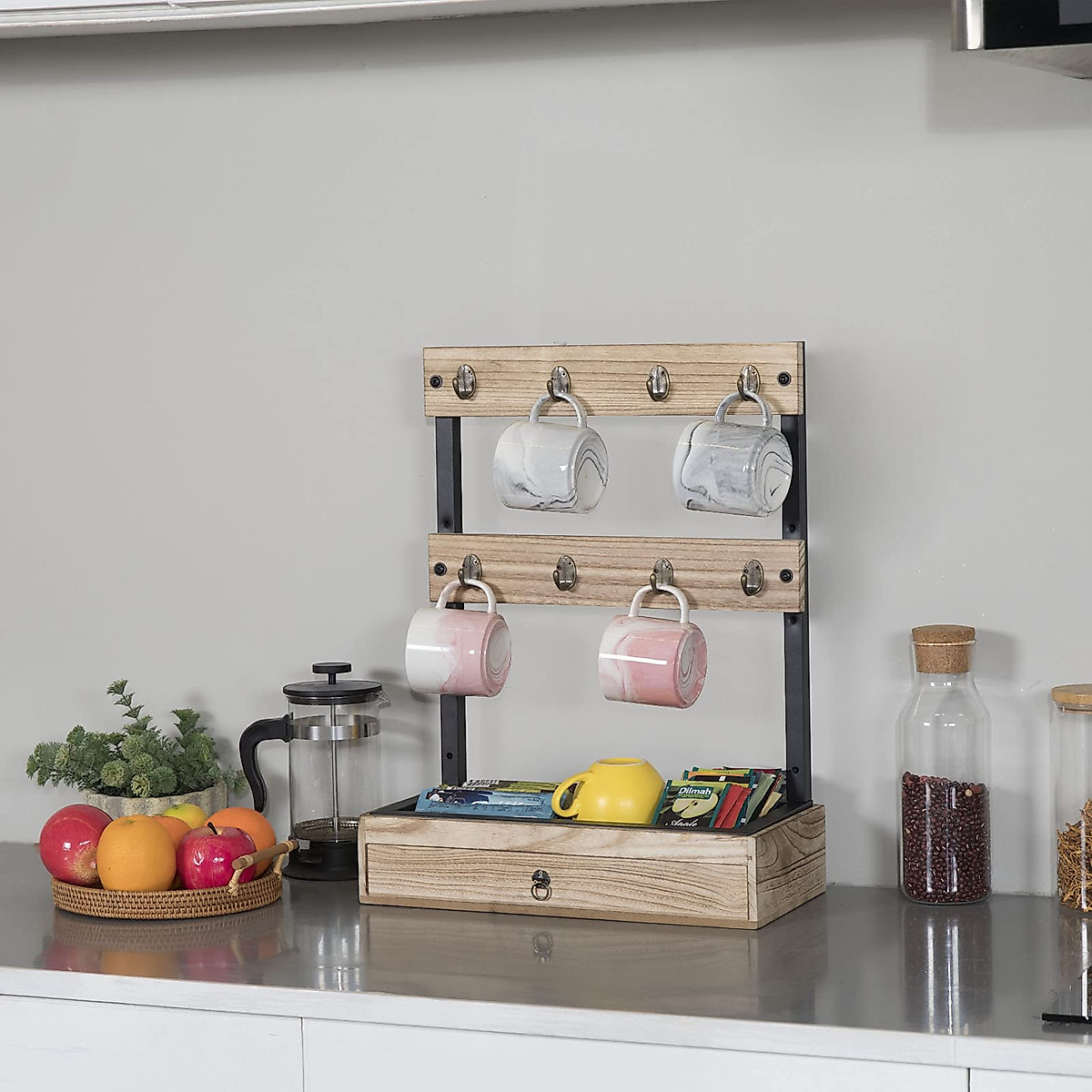 Yuzehuaza Wood Mug Cup Rack Stand with Drawer,2 Tier Countertop Coffee Mug Storage Holder for Coffee Mug Cups Display Organizer Hook,Hold 8 Mugs