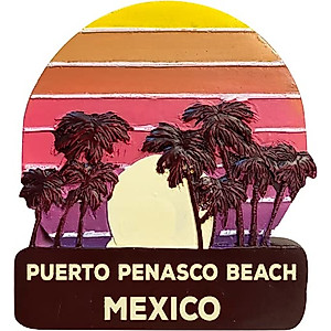 Puerto Penasco Beach Mexico Souvenir Hand Painted Resin Refrigerator Magnet Sunset and Palm Trees Design Single