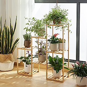 Plant Stand Indoor Plant Stands Bamboo Outdoor Tiered Plant Shelf for Multiple Plants, 3 Tiers 7 Potted Ladder Plant Holder Table Plant Pot Stand for Window Garden Balcony Living Room Corner (Natural)