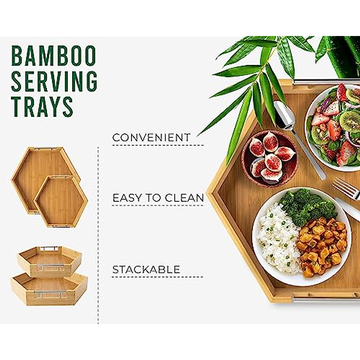 Comfify Honeycomb Serving Trays with Handles – Set of 2 Bamboo Hexagon Nesting Trays – Large, and Small Trays Set for Food, Ottoman Décor & More – Modern Trays for Breakfast -Natural
