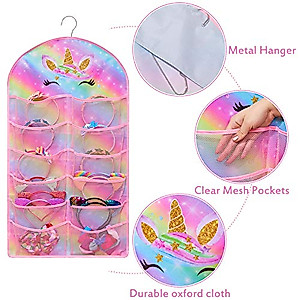 FIOBEE Girls Headband Holder Unicorn Wall Hanging Organizer with Pockets Hair Bow Storage Hairband Holder Display for Wall Closet Kids Room