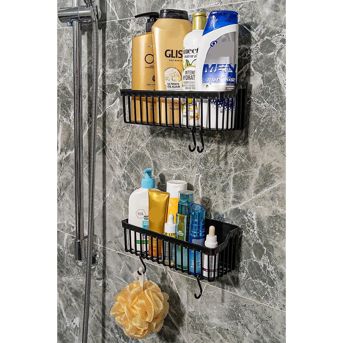ATA HOME Shower Caddy Bathroom Shelves, Black Hanging Shower Organizer, 2-Pack Large Capacity No Drilling Easy Installation with Adhesive, Shower Shelf for Inside Shower ABS