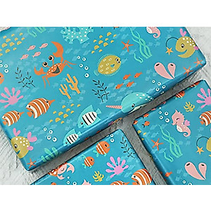 Ocean Themed Birthday Wrapping Paper For Kids Girls Boys, Under the Water Animal Coastal Design Gift Wrap Paper for Birthday Baby Shower Children's Day, 4 Sheets Folded Flat 20x28 Inches Per Sheet