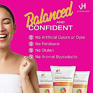 vH essentials Daily Feminine Wash - Fragrance Free, Hypoallergenic with Tea Tree Oil & Prebiotic - For Ph Balance, Intimate Odor Block, Vaginal Health - Gentle Formula Body Care - 6 Fl Oz