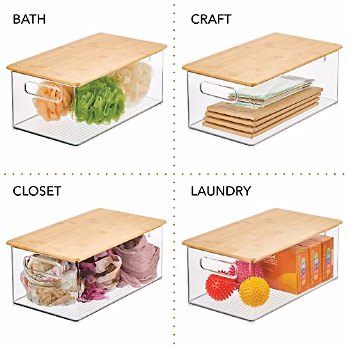 mDesign Plastic Stackable Storage Organizer Container Bin with Handles, Bamboo Wood Lid; for Kitchen, Pantry, Cabinet Organization; Holds Packaged Food, Snacks; Ligne Collection, 8 Pack, Clear/Natural