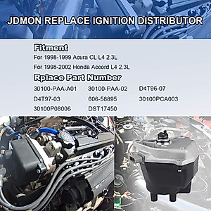 JDMON Compatible with Ignition Distributor Acura Honda Accord LX EXCL L4 2.3L 1998 1999 2000 2001 2002 Replace 30100-PAA-A01 30100-PAA-02 Includes Ignition Module Cap And Rotor